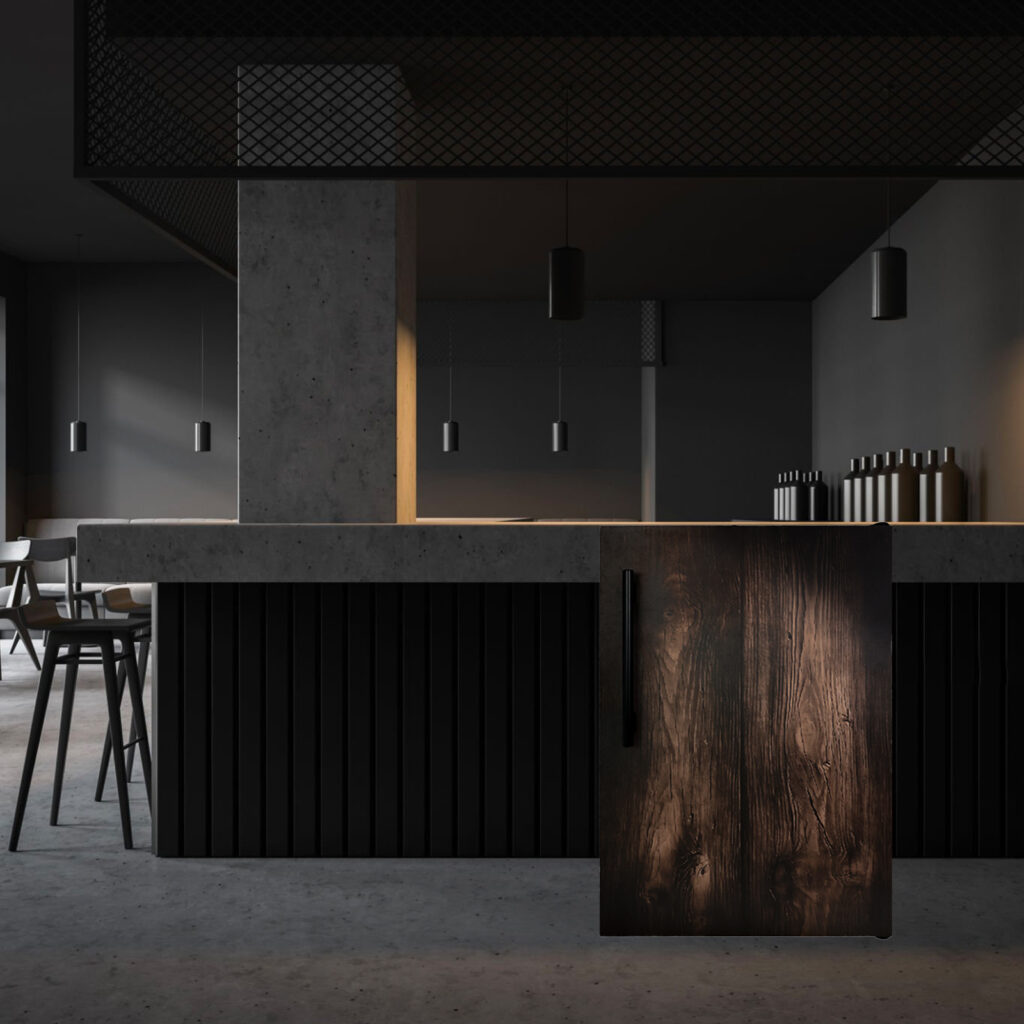 84L 直冷式 ワンドア冷凍庫 ダークウッドxマットブラック - Hanx株式会社